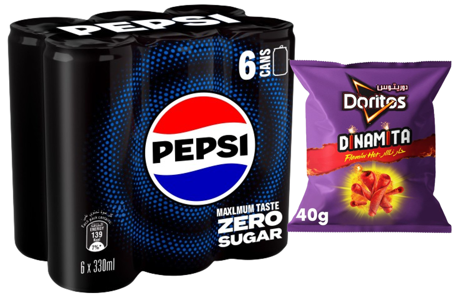 Buy Pepsi Zero Sugar Soft Drink 330 ml x 6 + Doritos Dinamita Flaming ...