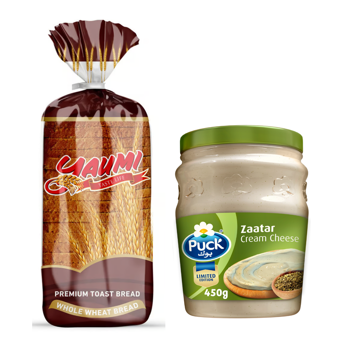 Buy Puck Cream Cheese Zaatar Spread Jar 450g + FREE Yaumi Brown Bread ...