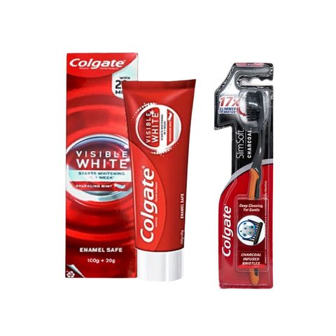 Colgate Visible White Red Toothpaste 100g & Colgate Slim Fit Charcoal ...