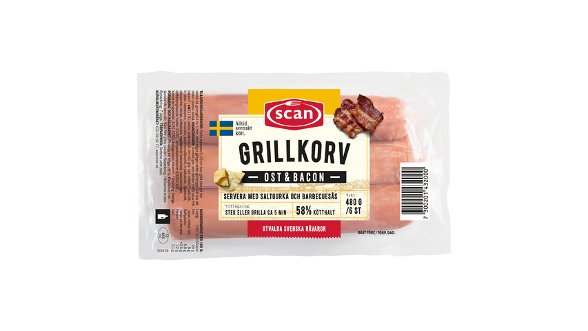 Scan Grillkorv Ost & Bacon 480g - Köp online - foodora.se
