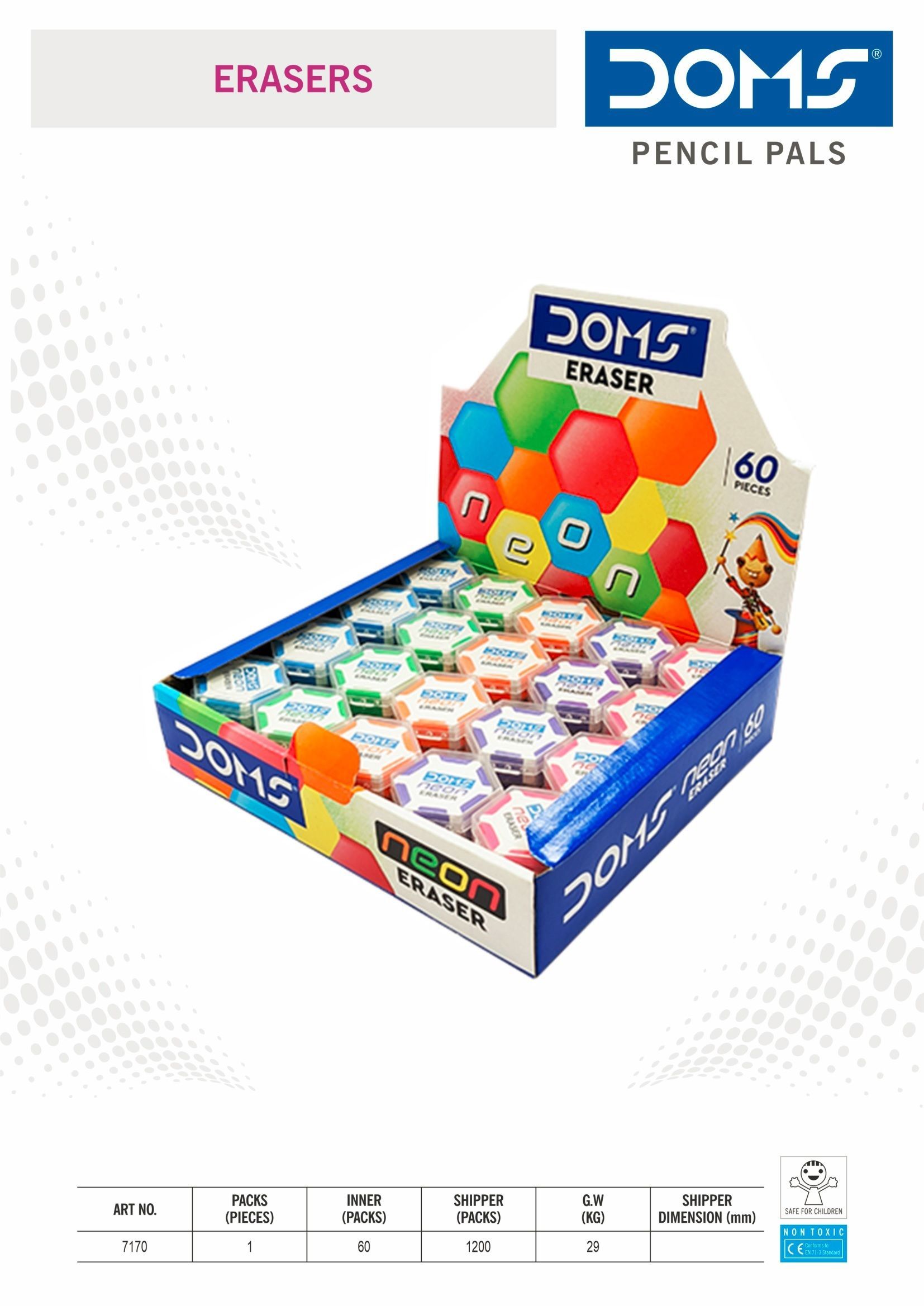 Buy Doms Neon Hex Eraser Display Box, 60 Pieces Online in Kuwait ...