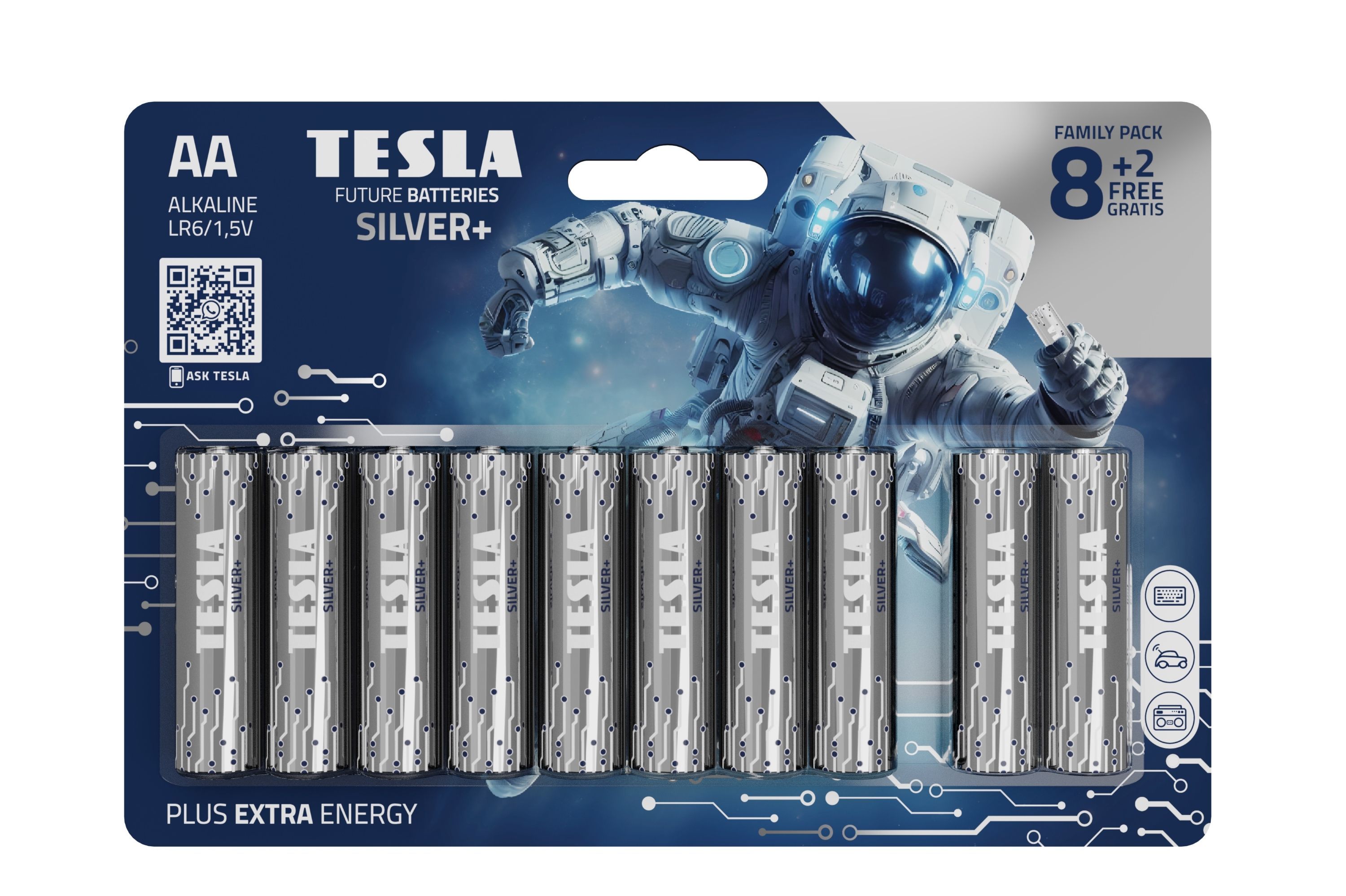 Buy Tesla Batteries Long Term Power AA Silver Alkaline+, 8+2 Pieces ...
