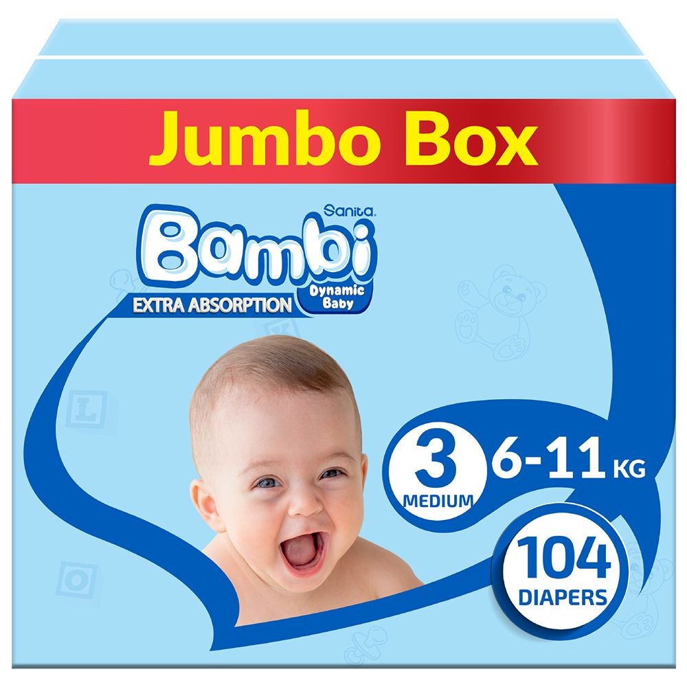 Buy Sanita Bambi Baby Diapers Jumbo Box, Size 3, Medium, 6-11kg, 104 Count Online in Oman ...