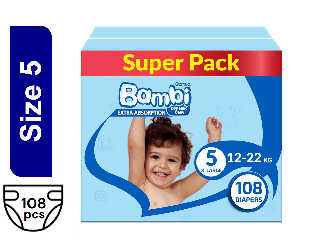 Buy Sanita Bambi Baby Diapers Super Pack, Size 5, X-Large, 12-22kg, 108 ...