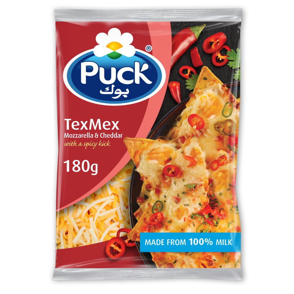 Buy Puck Shredded TexMex Mozzarella & Cheddar Slightly Spicy, 180g ...