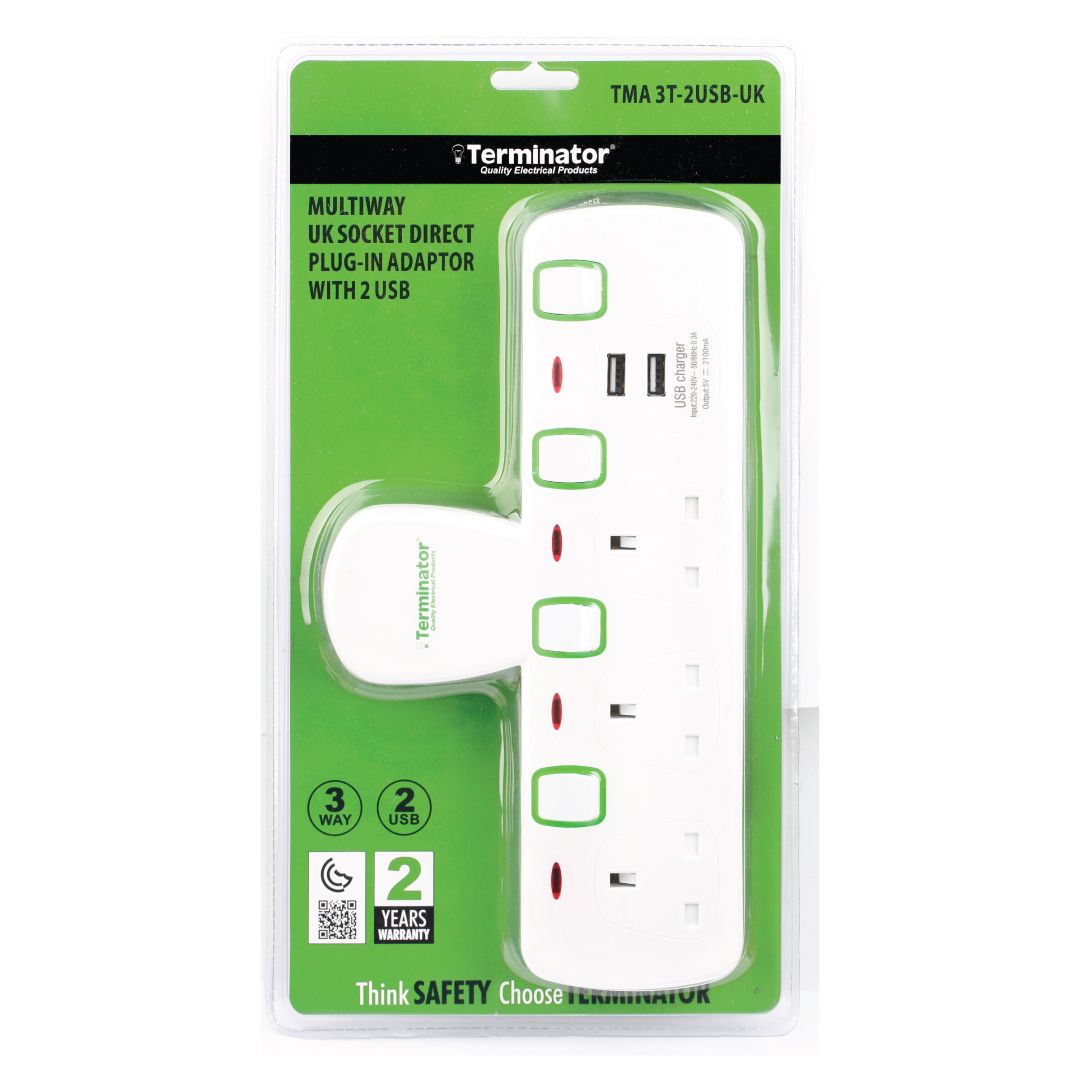 Buy Terminator 3 Way UK T-Socket Multi Adaptor with 2 USB Online in ...