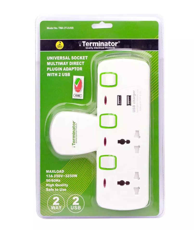 Buy Terminator 2 Way Universal T Socket with 2USB Individual Switch And ...